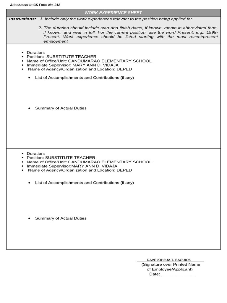 CS-Form-No.-212-Attachment-Work-Experience-Sheet-1 BAGUIOS | PDF | Business