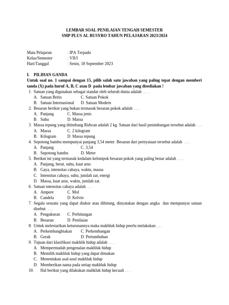 SOAL PTS IPA 7 SMP | PDF