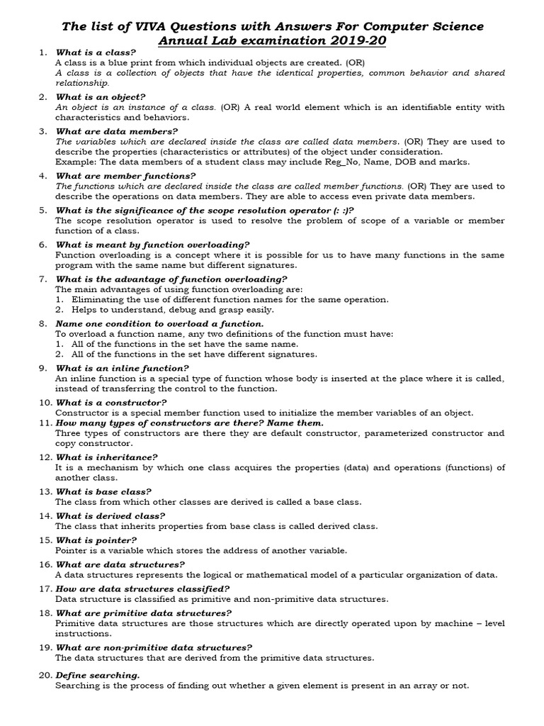 2019-20 List of VIVA Questions With Answers For Annual Lab Examination | PDF | Class (Computer ...