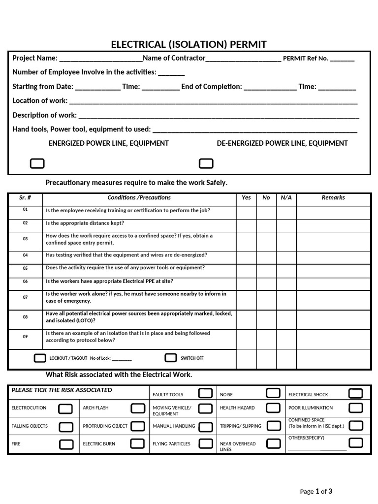 ELECTRICAL (ISOLATION) PERMIT | PDF | Personal Protective Equipment ...