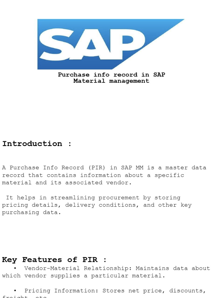 Purchase Info Record PIR in SAp | PDF