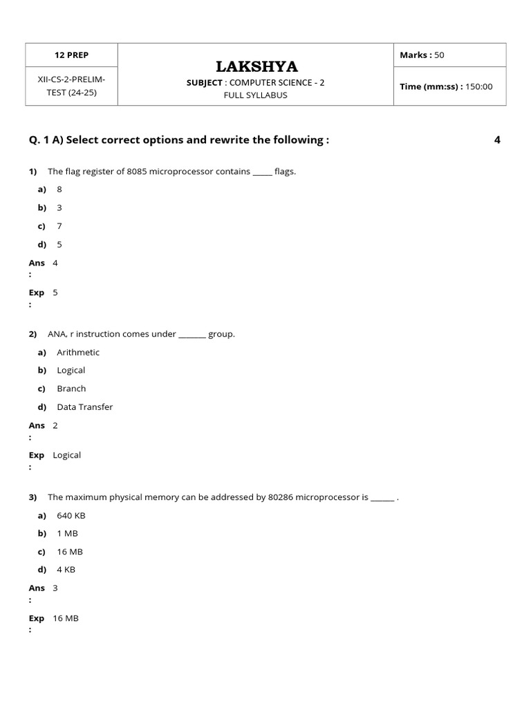 XII Prelim II - CS-II Solution | PDF | Assembly Language | Digital Electronics