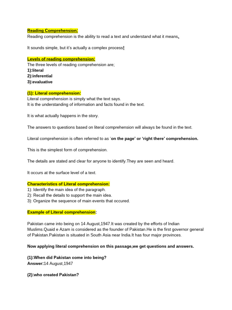 Literal comprehension and Personal response questions | PDF | Reading ...
