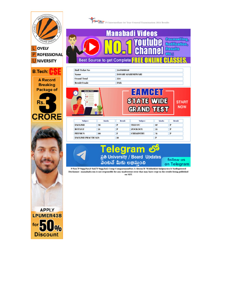 Manabadi TS Intermediate First 1st Year Results 2024 From | PDF