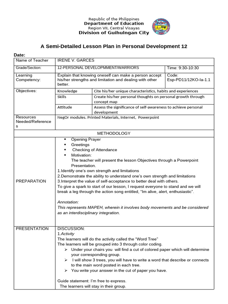 Daily Lesson Plan in Perdev 12 | PDF | Learning | Lesson Plan