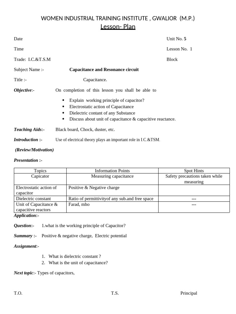 Lesson Plan ICTSM Ist Yr Unit 5 | PDF | Capacitor | Capacitance