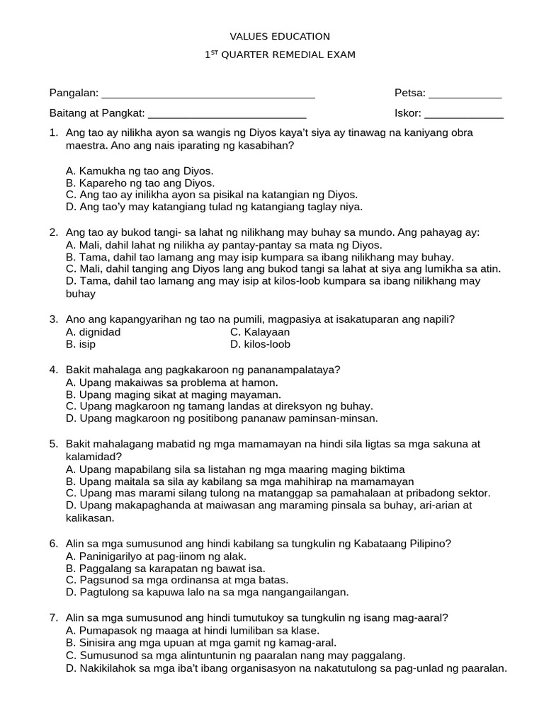 Values Education 7 Remedial Exam | PDF