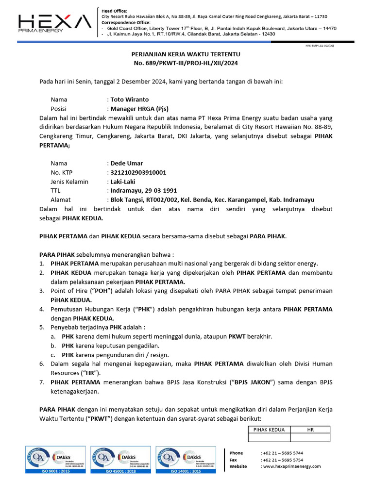 DRAFT PKWT Dede Umar Medco | PDF