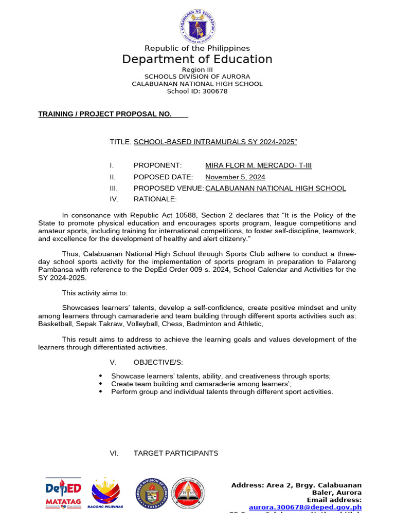 Intramurals Proposal 2024-2025 | PDF | Cognition