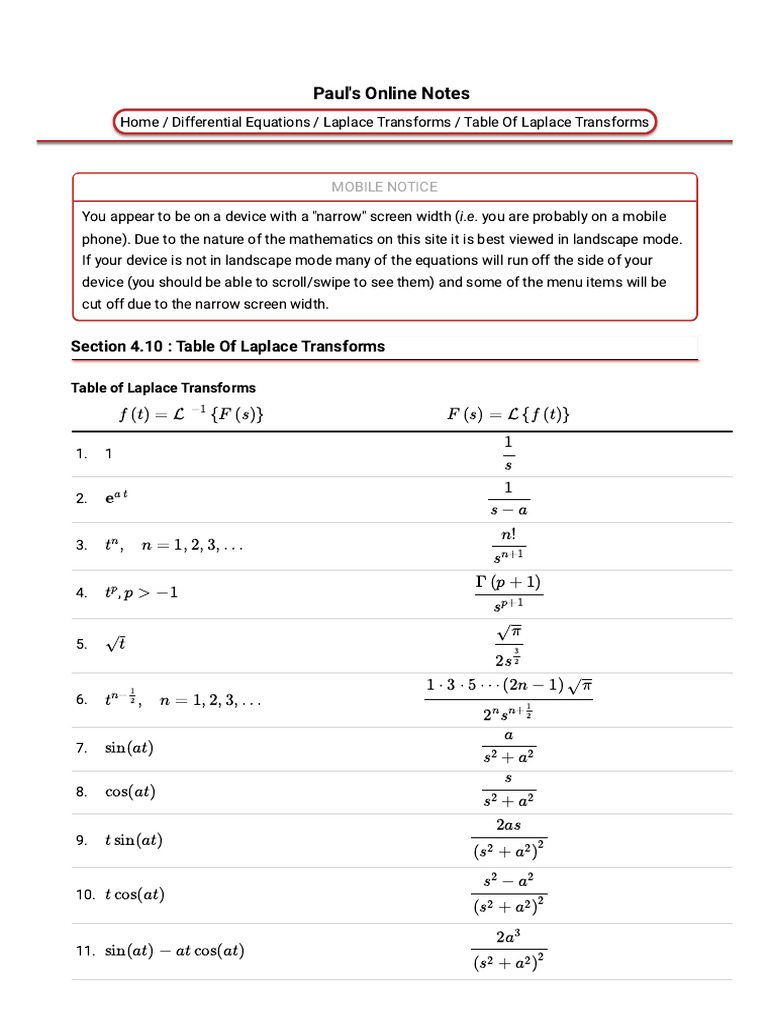 Differential Equations - Table of Laplace Transforms | PDF | Differential Calculus ...