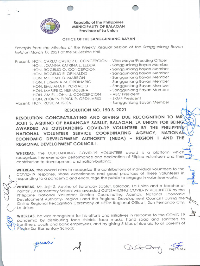 Resolution 150 S. 2021 - Congratulating and Giving Due Recognition To Mr. Jojit S. Aquino of ...