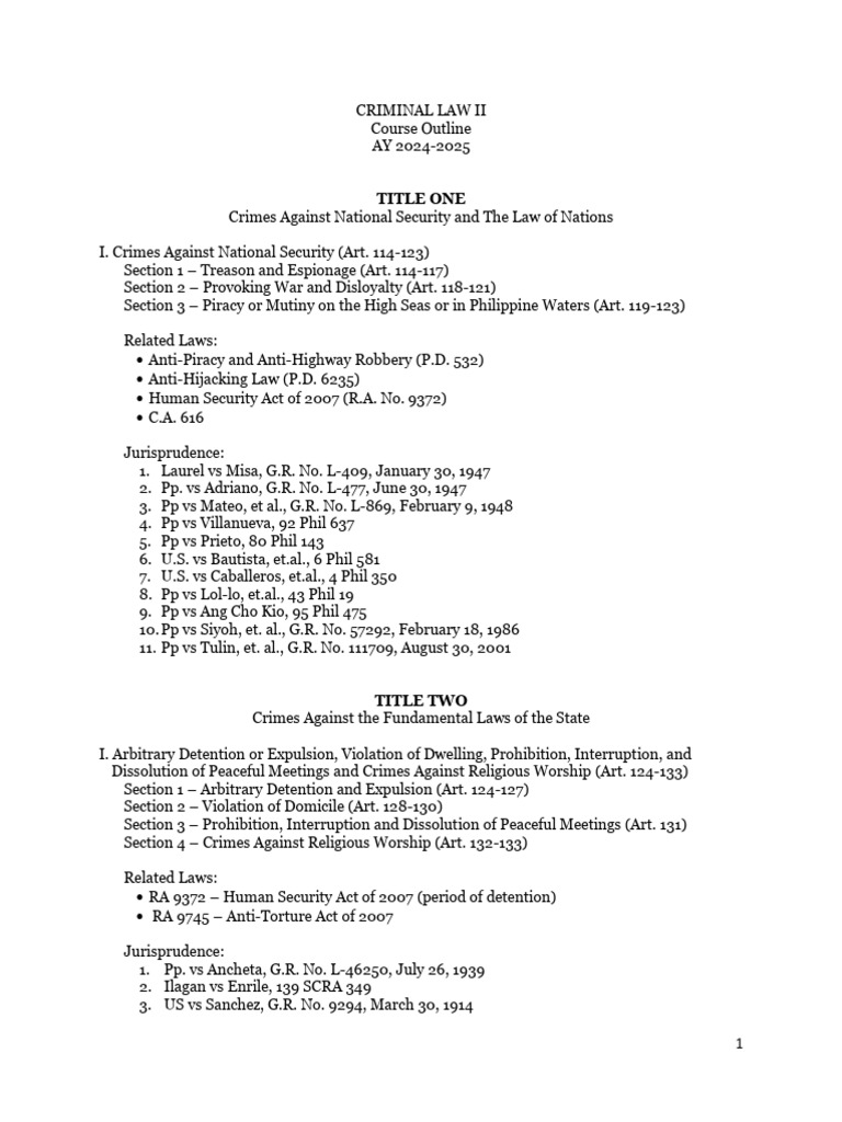 Criminal Law II Course Outline 2024-2025 | PDF | Crimes | Crime & Violence