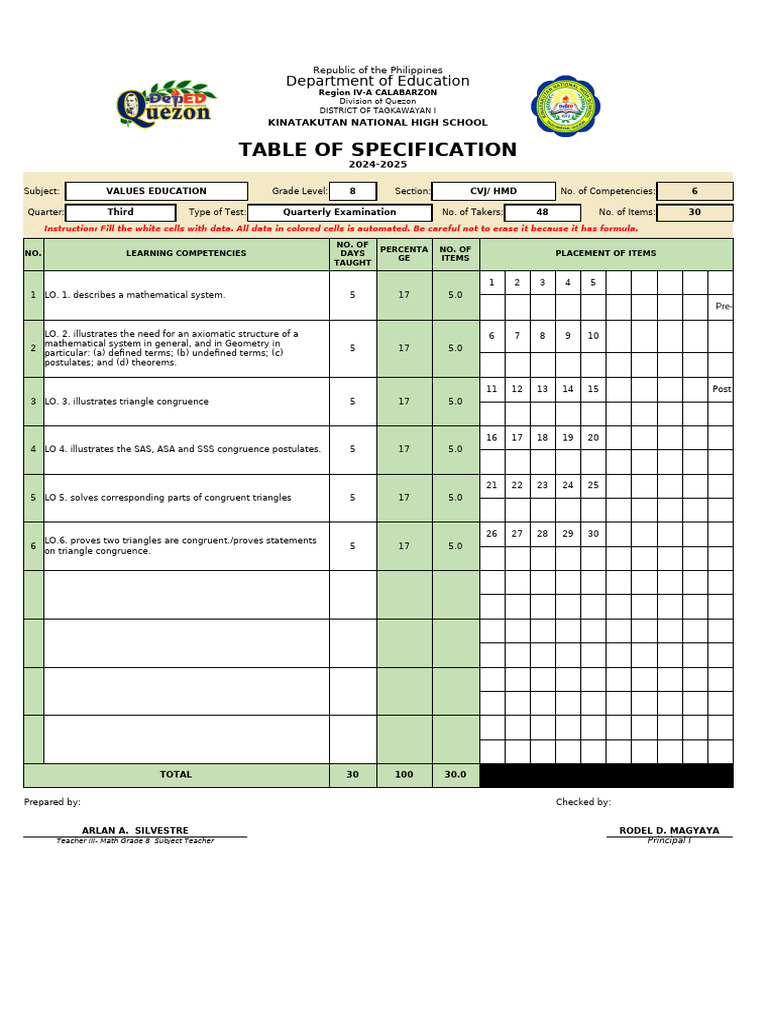 2024-2025 TOS-VALUES G7 3rd QUARTER | PDF | Axiom | Geometry