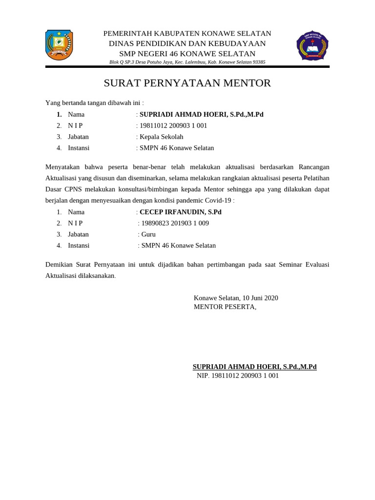 Surat Pernyataan Mentor (Cecep Irfanudin) | PDF