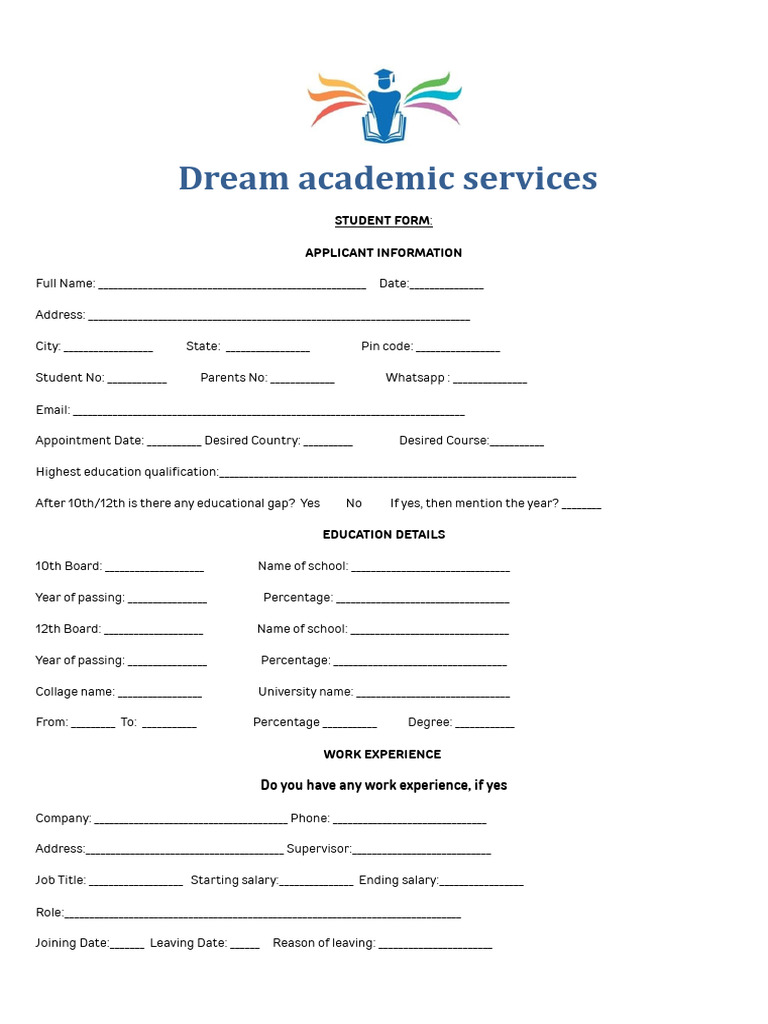 Dream Academic Services Student Form NEW - PDF 2 | PDF