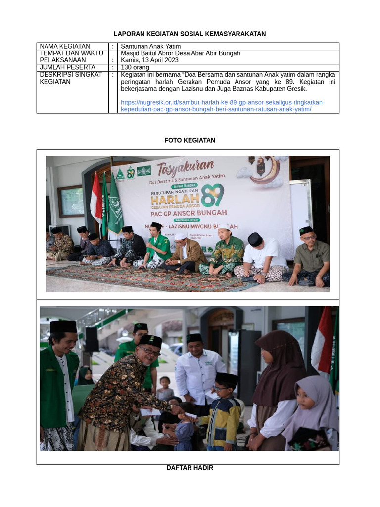 Santunan Anak Yatim GP Ansor Bungah | PDF