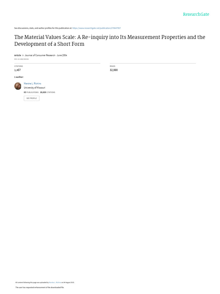 Material Values Scale: Short Form Development | PDF | Statistical ...