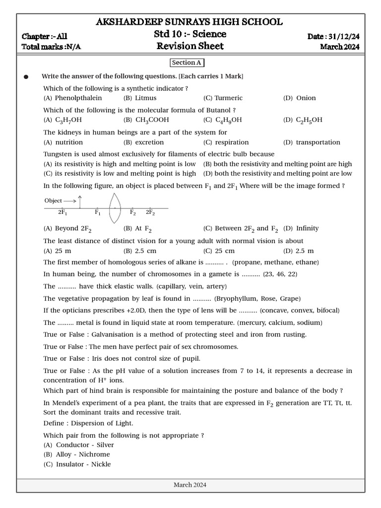 Std 10 Science Revision Sheet | PDF | Urinary System | Infection