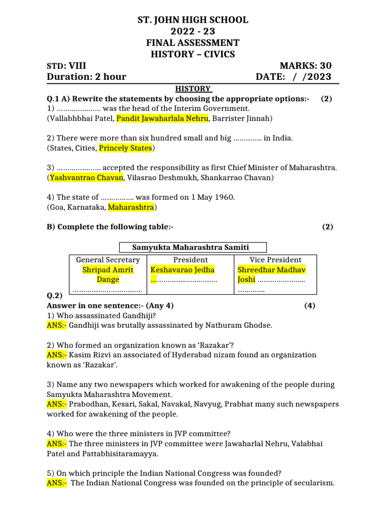 St. John High School History Civics Assessment | PDF | Partition Of ...