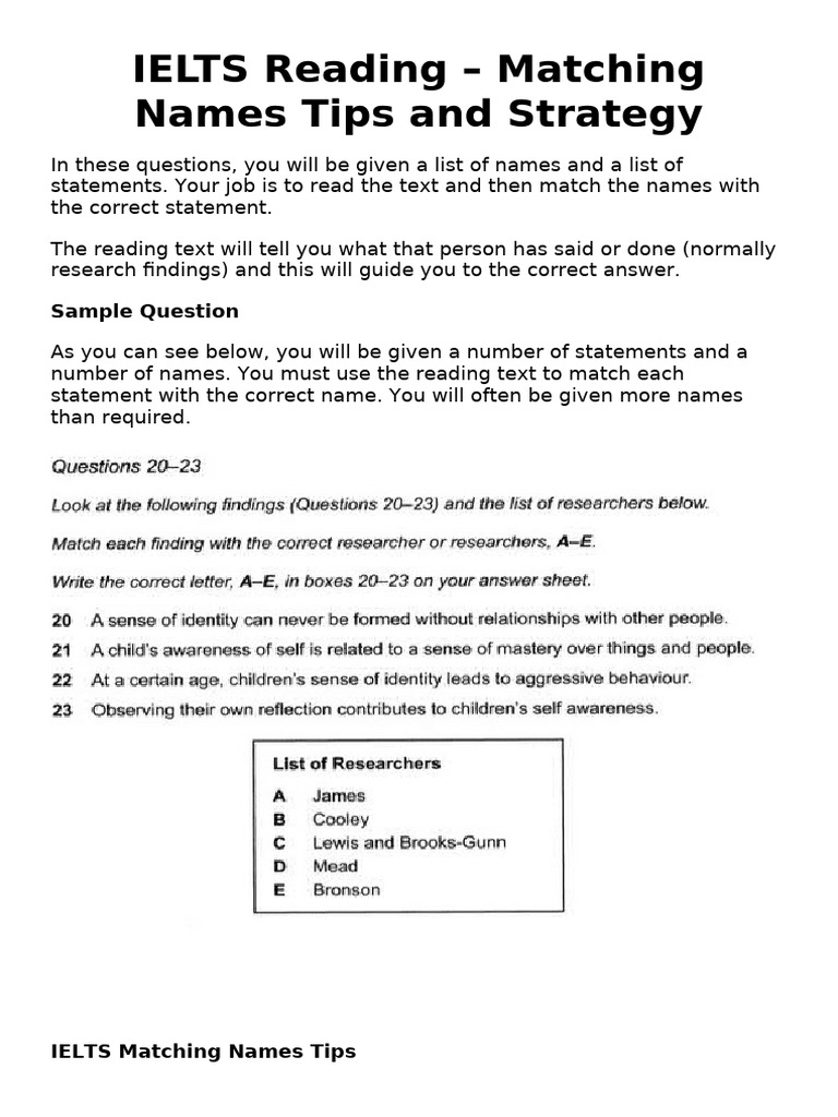 IELTS Reading - Matching Names Tips and Strategy | PDF