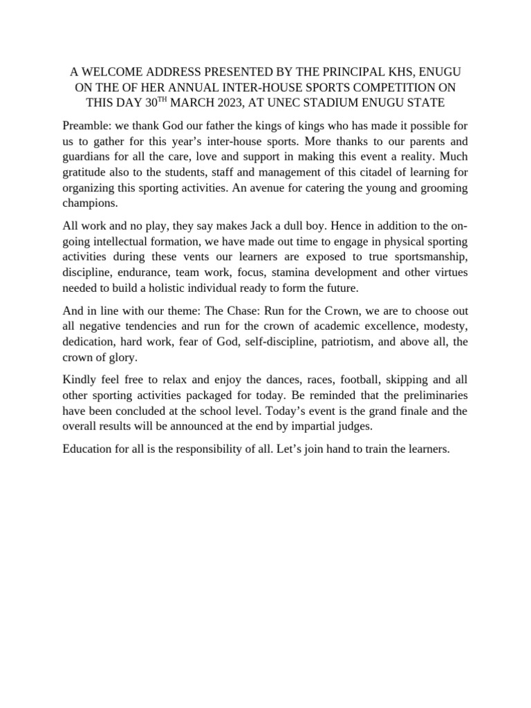 Welcome Address for Sports Competition | PDF