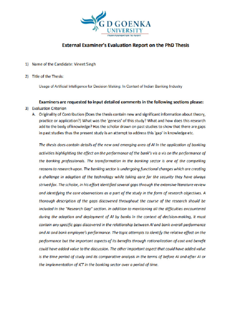 Format-I - External Examiner's PH.D Thesis Evaluation Report | PDF