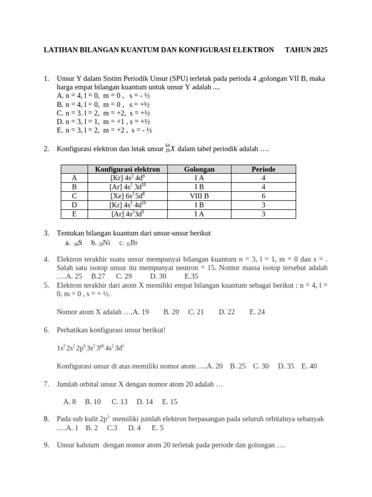 Latihan Bilangan Kuantum Dan Konfigurasi Elektron | PDF