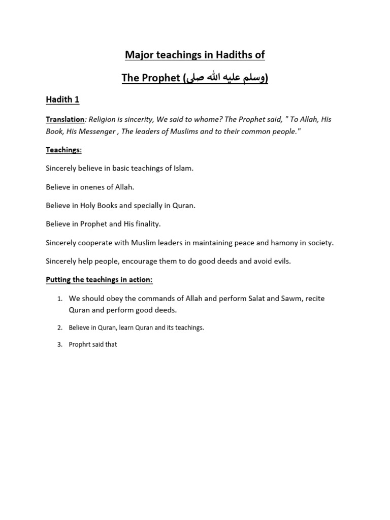 Key Teachings from Prophet's Hadiths | PDF