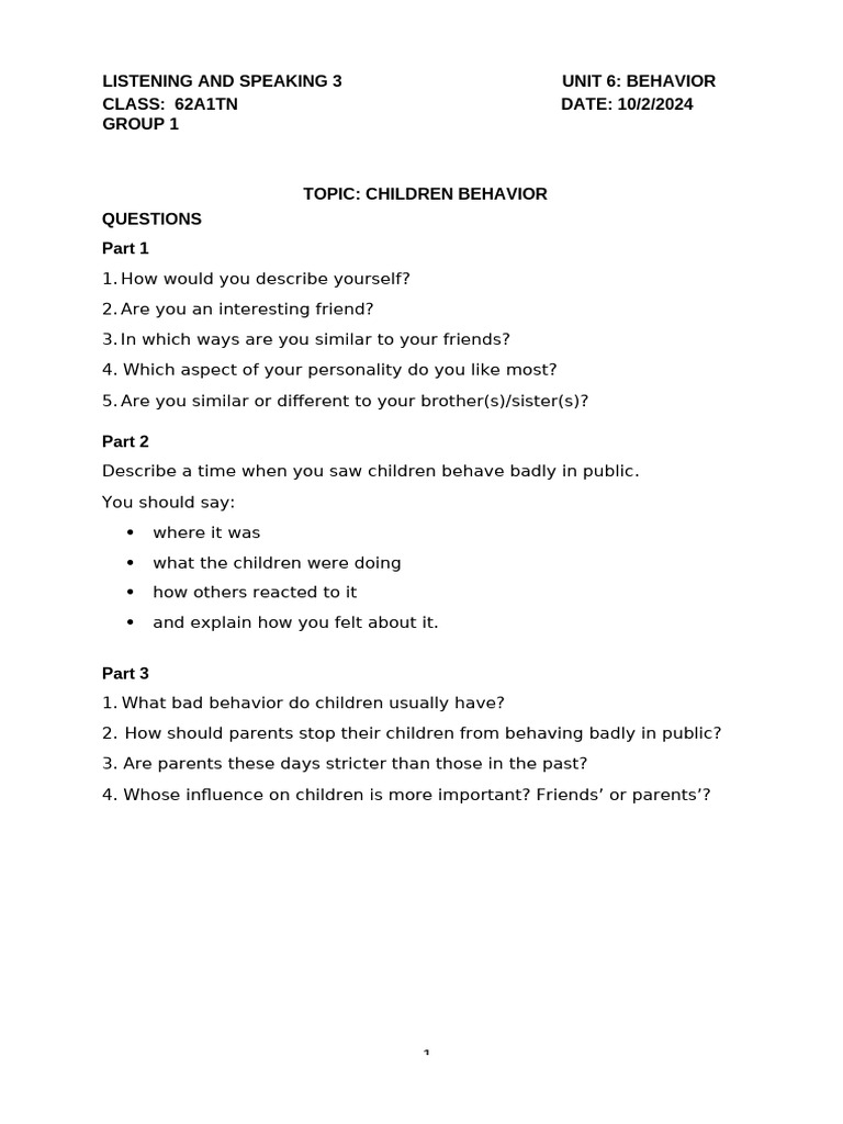 L&S3 - G1 - U6 - Speaking Topic - Children Behavior | PDF | Behavior | Behavioural Sciences