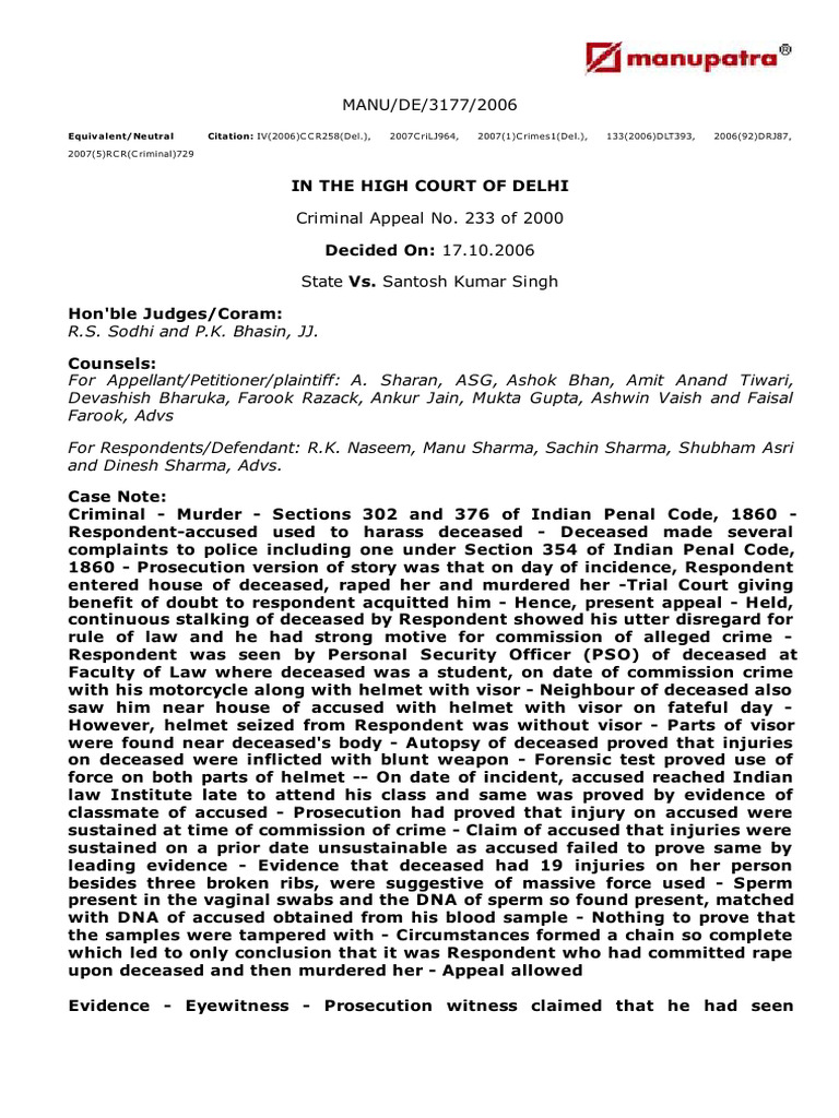 State Vs Santosh Kumar Singh 17102006 DELHC | PDF | Witness | Thorax