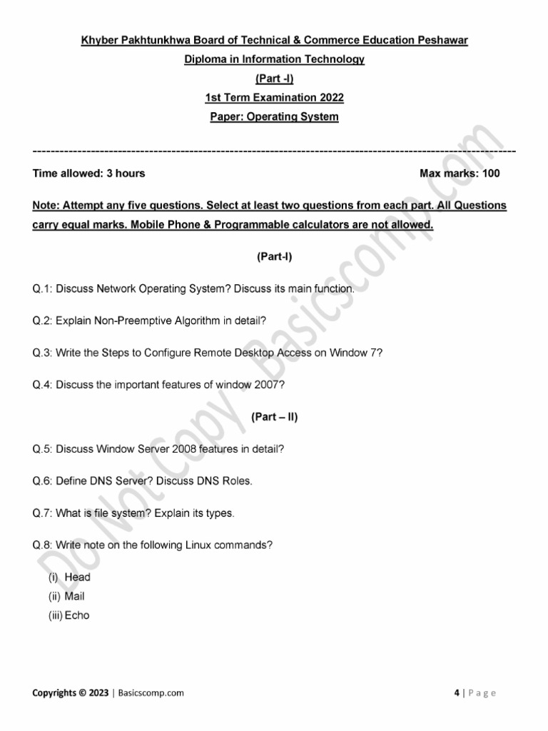 DIT Past Papers 2022 Operating System | PDF