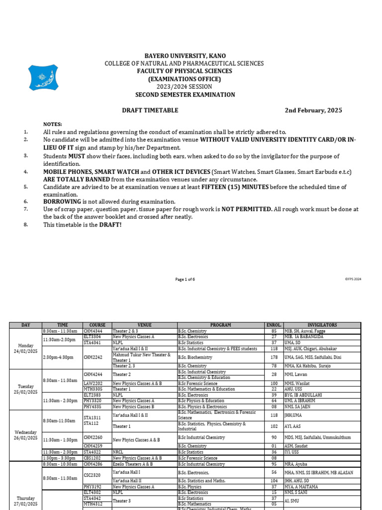 FPS Second Semester FINAL Time Table 2023-2024 | PDF | Physical Sciences