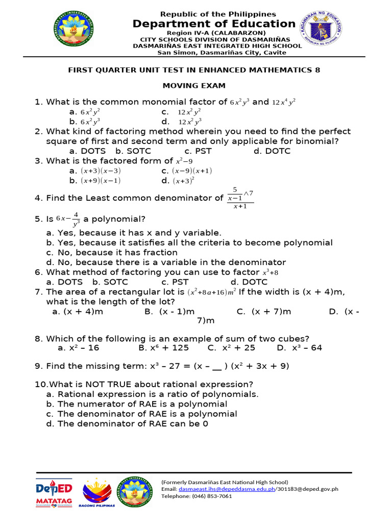 Math Test for Grade 8 Students | PDF | Mathematical Concepts | Mathematics