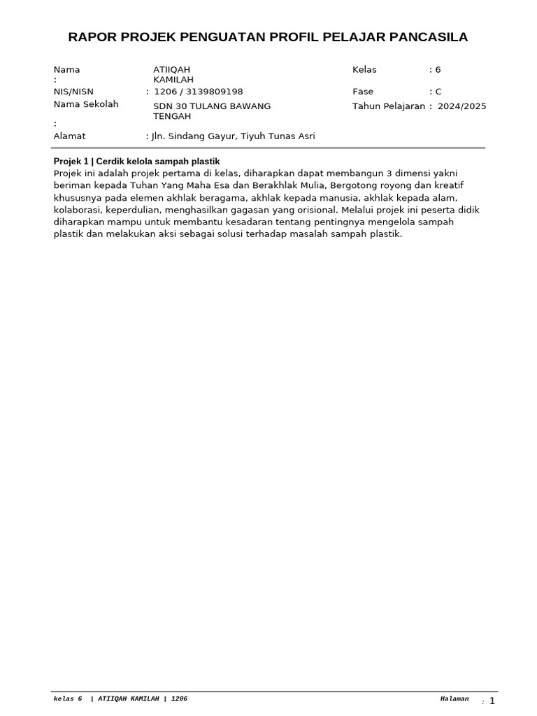 RAPOR P5 KLS Kelas6 | PDF
