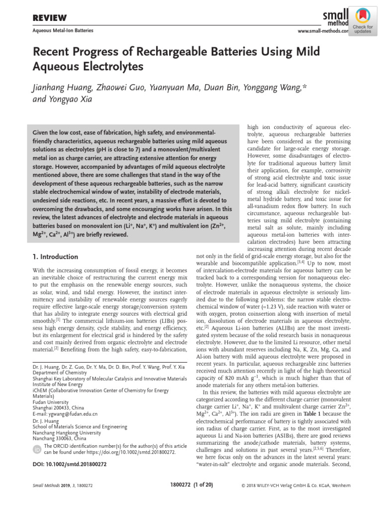 Advances in Mild Aqueous Batteries | PDF | Lithium Ion Battery ...