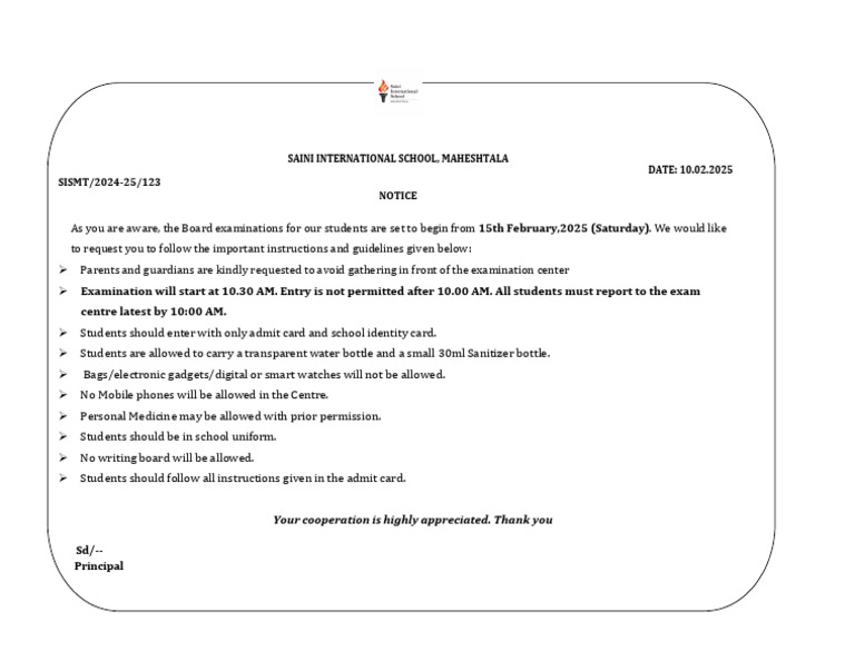 Board Exam Instructions Notice 123 | PDF