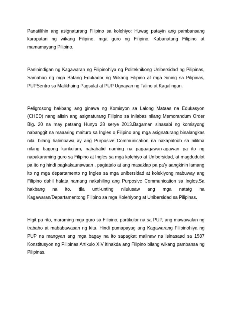 Panatilihin Ang Asignaturang Filipino Sa Kolehiyo | PDF