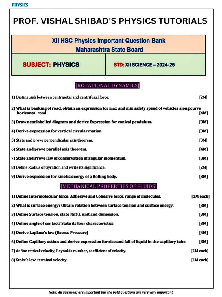 XII HSC Physics Important Question Bank Maharashtra Board | PDF