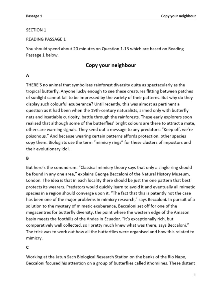 10 Passage 1 - Copy your neighbour Q1-13 | PDF | Mimicry | Zoology