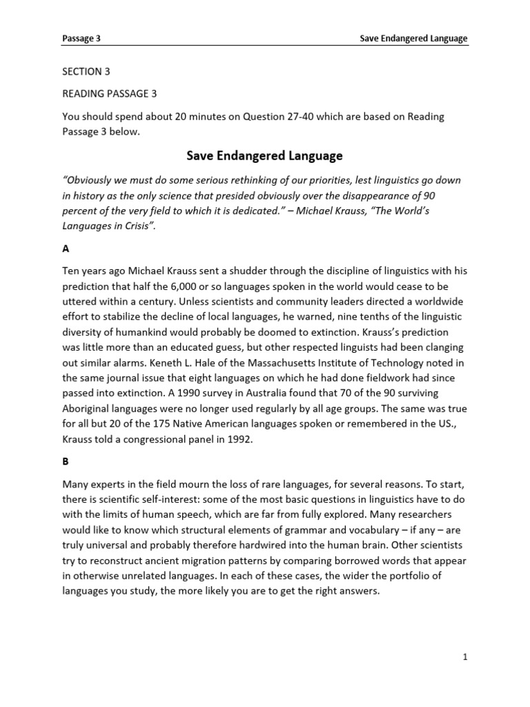 15 Passage 3 - Save Endangered Language Q27-40 | PDF | Linguistics ...