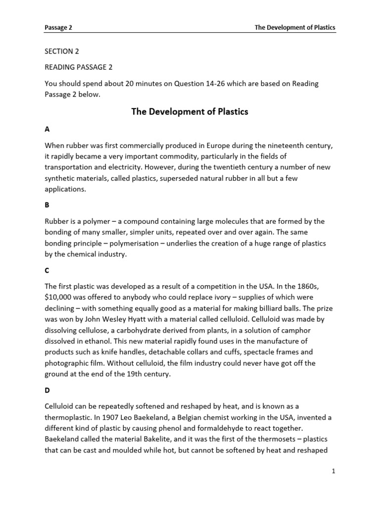25 Passage 2 - The Development of Plastics Q14-26 | PDF | Plastic | Secondary Sector Of The Economy