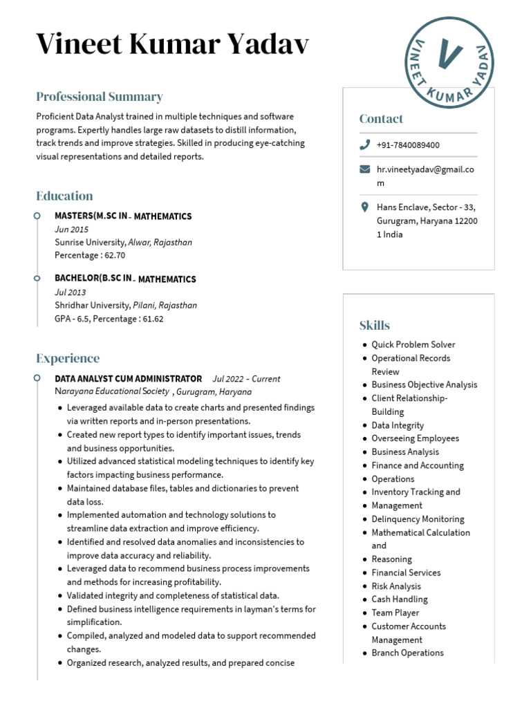 Vineet Kumar Resume 1 (11) (1) - 2 | PDF | Banks | Data