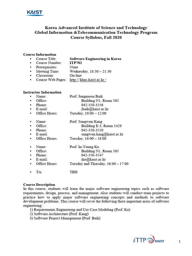 Fall EE ITTP702 Software Engineering in Korea Syllabus-V3 | PDF ...