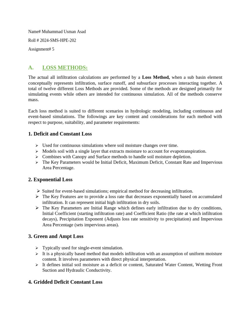 Hydrologic Modeling Loss Methods | PDF | Surface Runoff | Earth Sciences