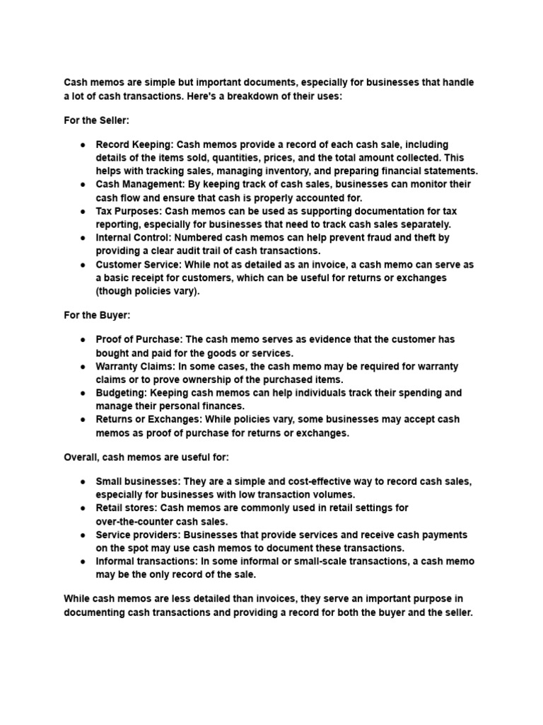 cash memo use | PDF