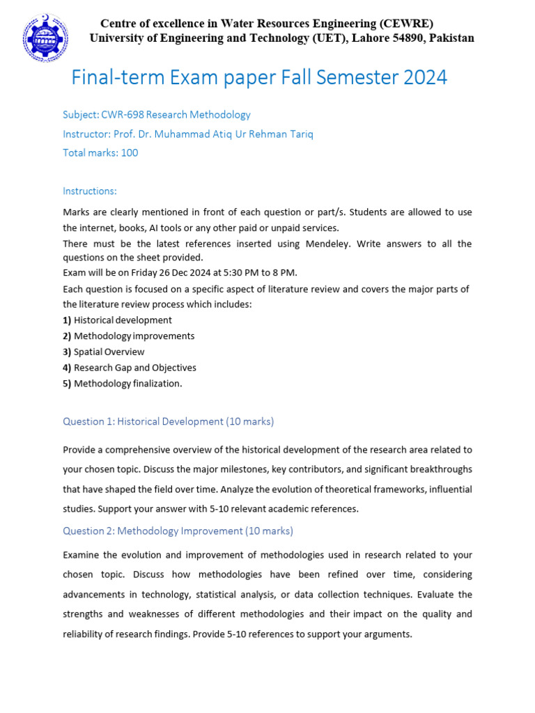 RM Exam 2024 | PDF | Methodology | Cognition