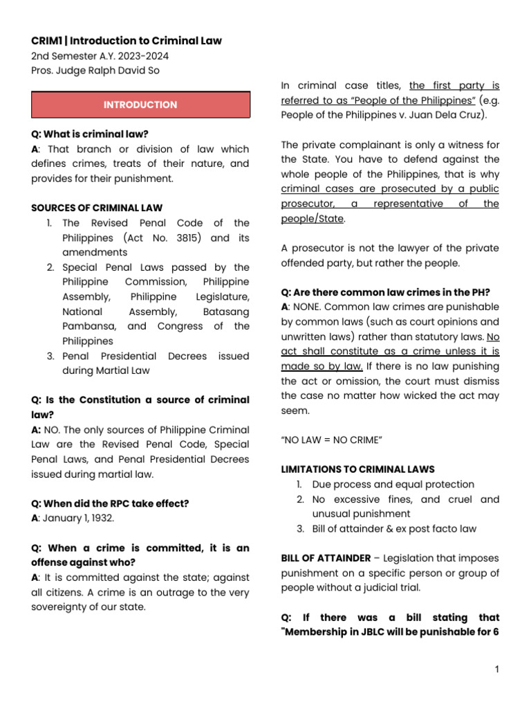 Criminal Law Basics for Students | PDF | Intention (Criminal Law) | Ex Post Facto Law