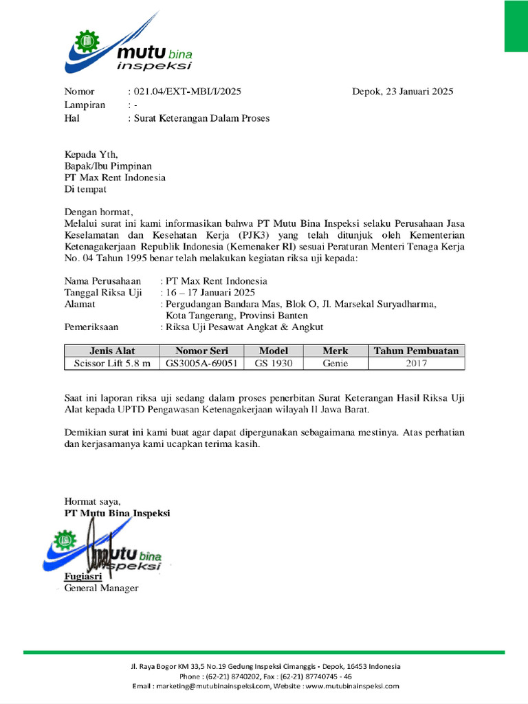 021.04 - Surat Keterangan Dalam Proses Scissor Lift GS3005A-69051 PT ...