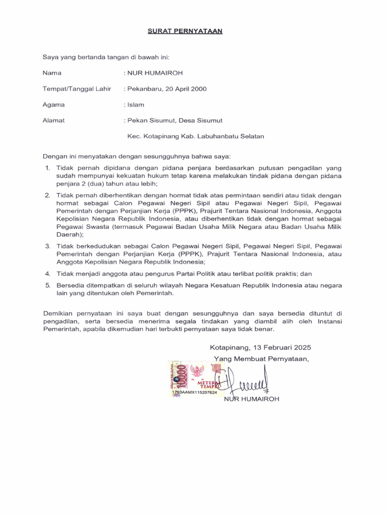 Surat Pernyataan Nur Humairoh | PDF