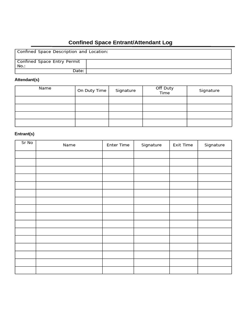 Confined Space Entry Log Template | PDF